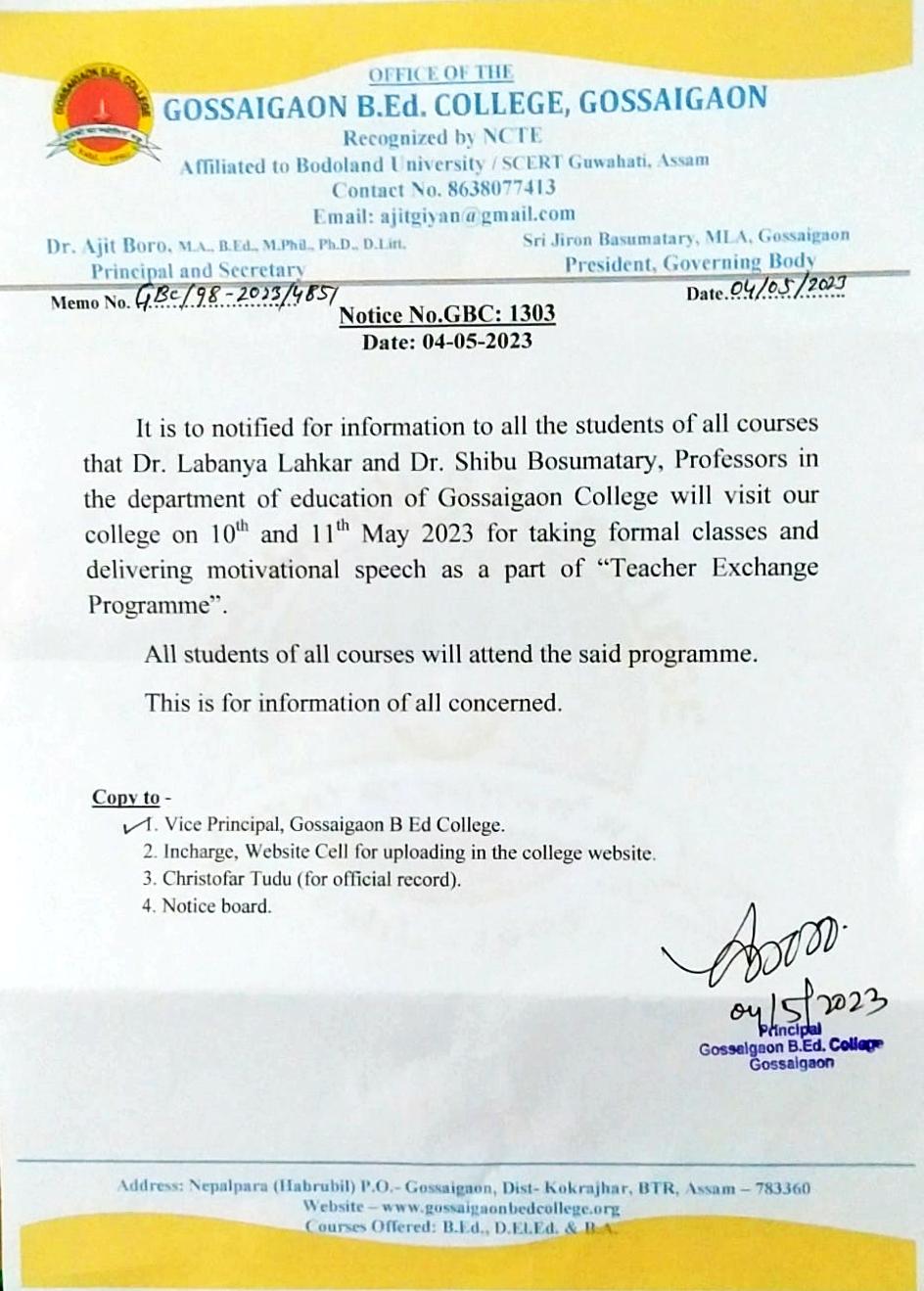 Teacher Exchange Program Notice – GOSSAIGAON B.ED. COLLEGE