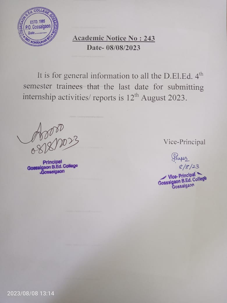 Academic Notice for D.El.Ed. 4th Semester Internship Activities ...