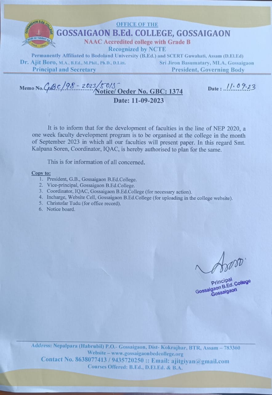 Notice for Faculty Development Program – GOSSAIGAON B.ED. COLLEGE
