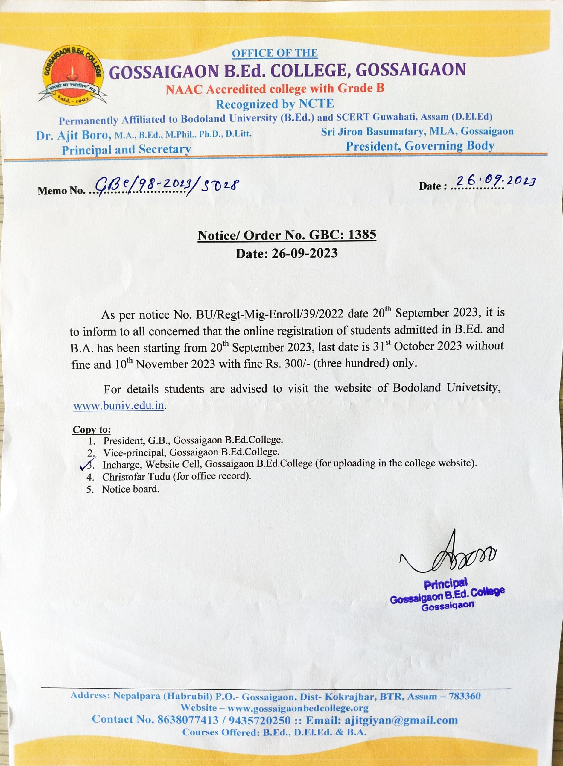 Notice for Online Registration for Students admitted in B.Ed. and B.A ...