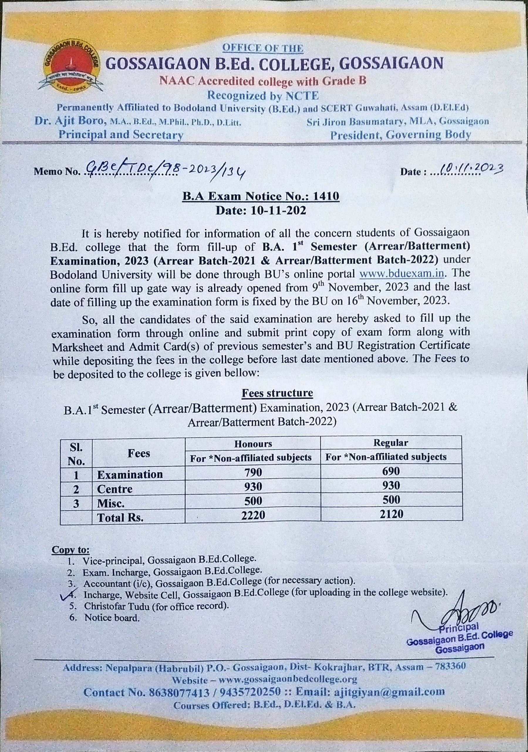 B.A. 1st Semester (Arrear/Batterment) Exam Notice 2023 (Batch 2021 and ...