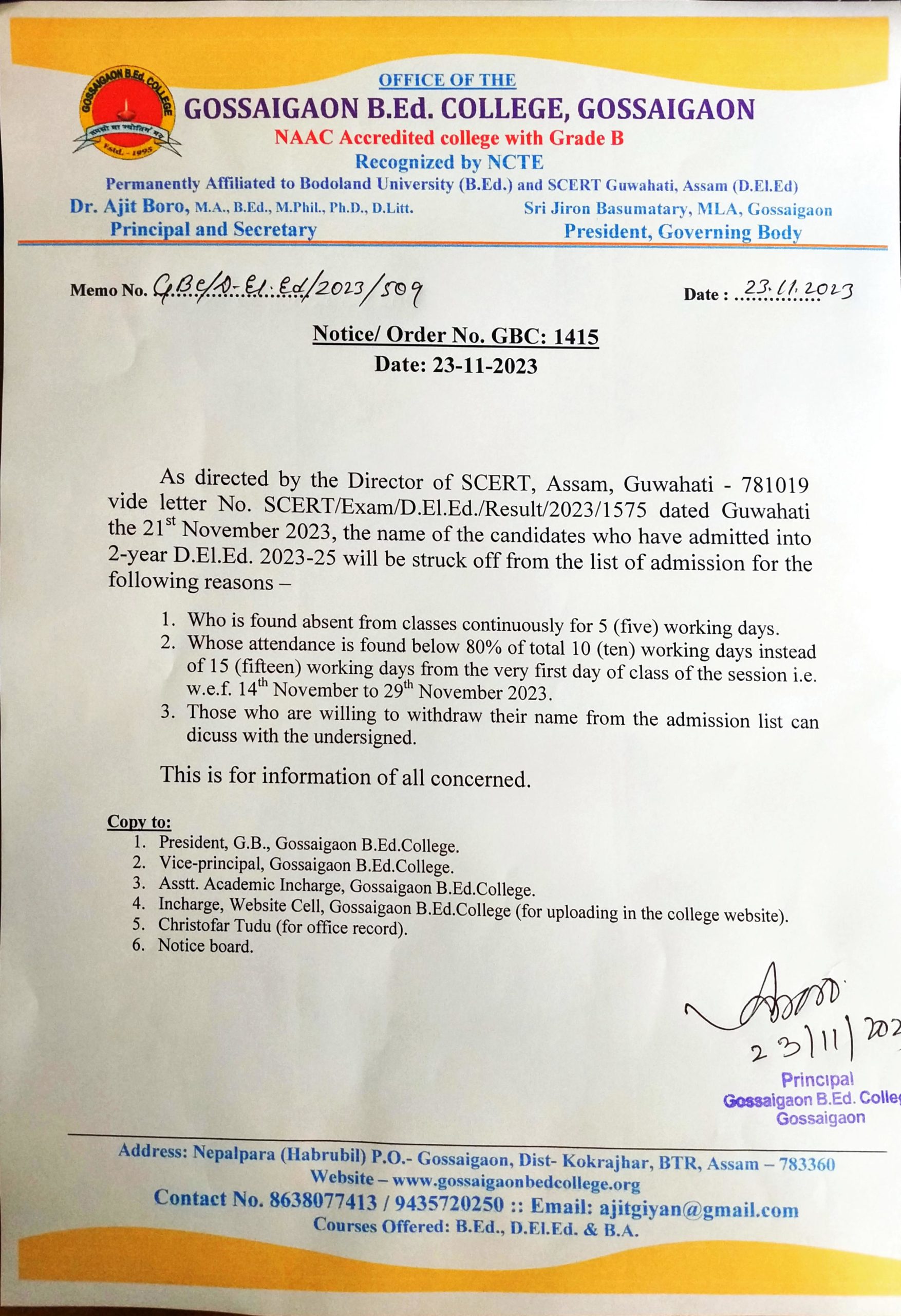 Notice of admission for 2 year D.El.Ed. 2023-25 as per the Director of ...
