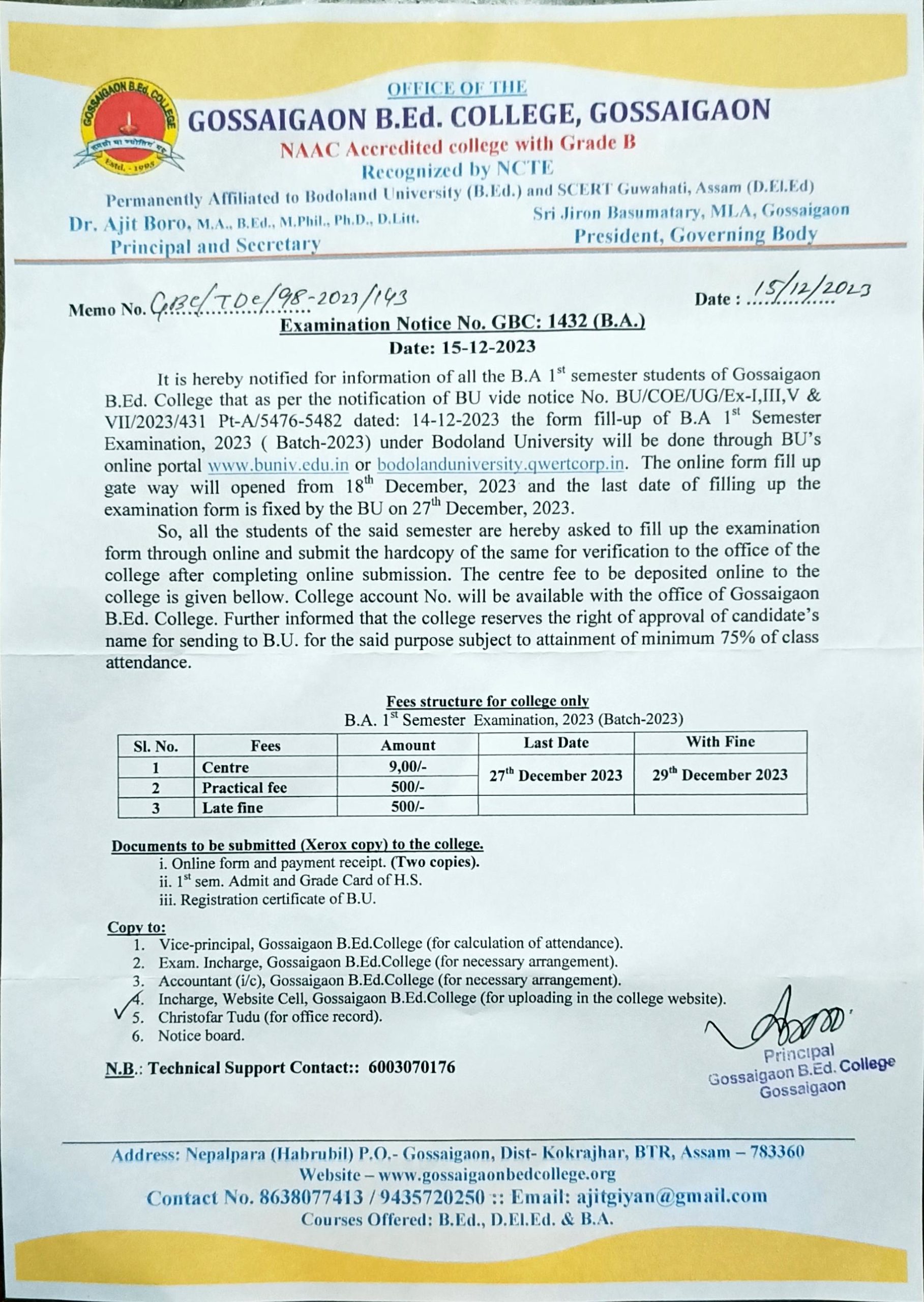 Notice for B.A. 1st Semester Examination Form fillup – GOSSAIGAON B.ED ...
