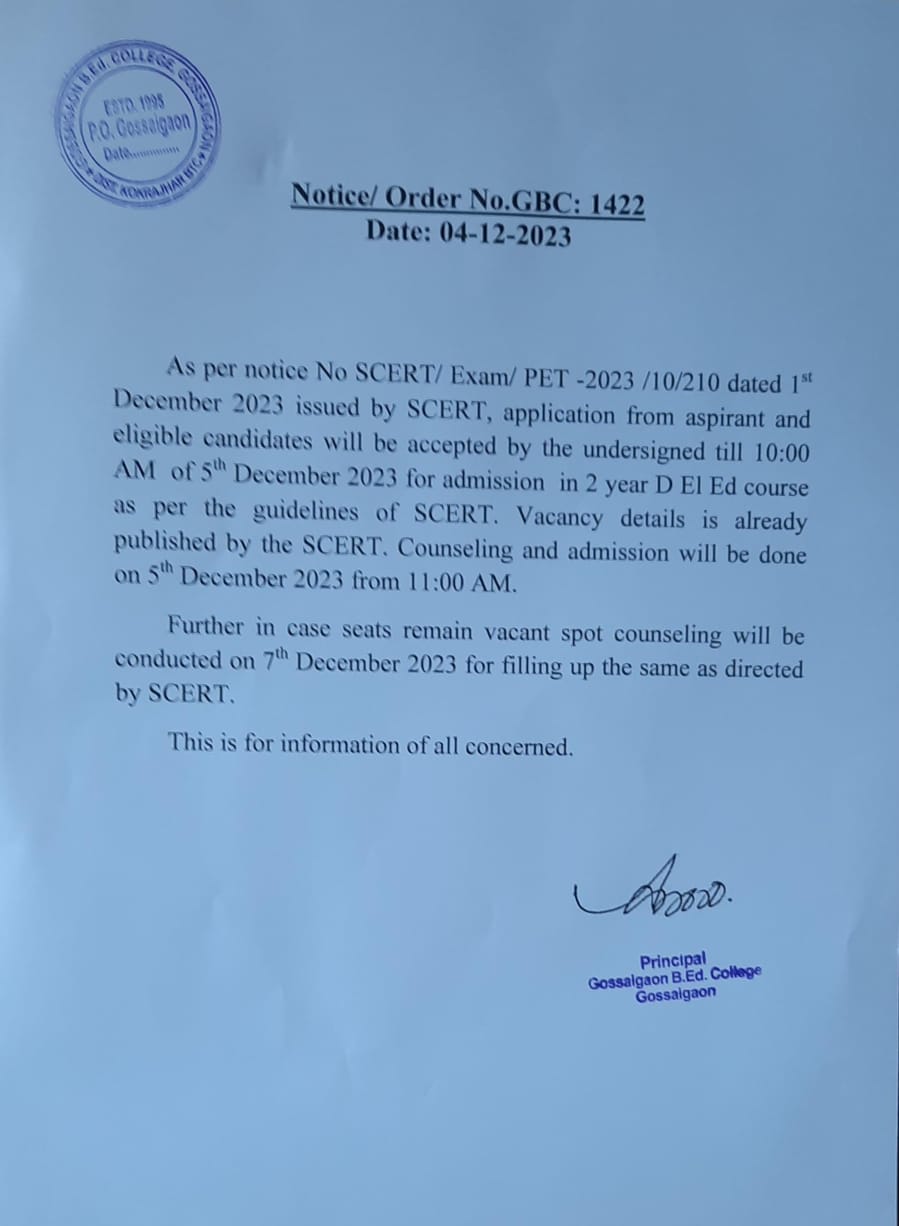 Notice No. GBC: 1422 Counselling and Admission of 2year D.El.Ed 2023-25 ...