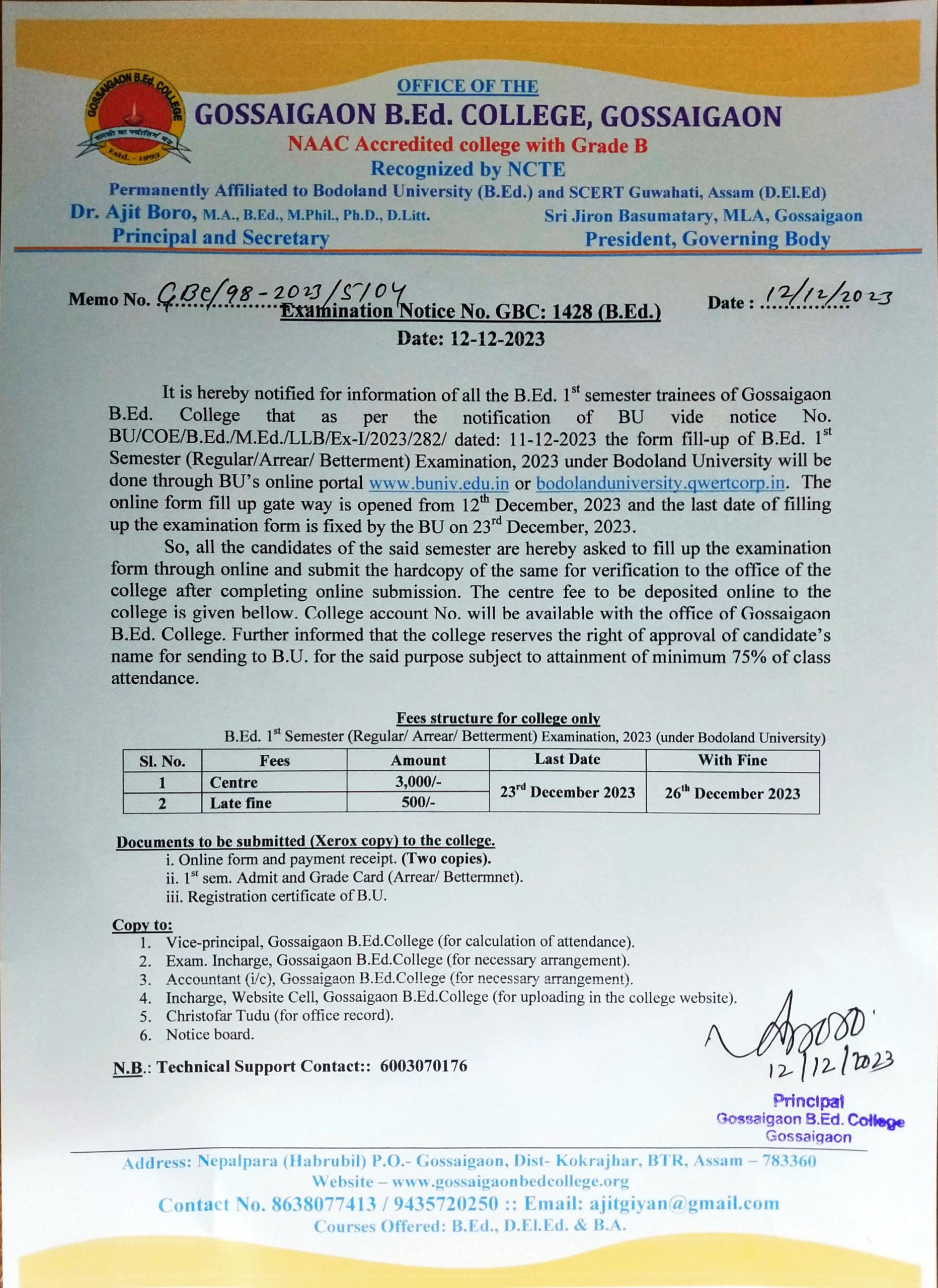 Notice for Form Fillup of B.Ed. 1st Semester (Regular/Arrear/Betterment ...