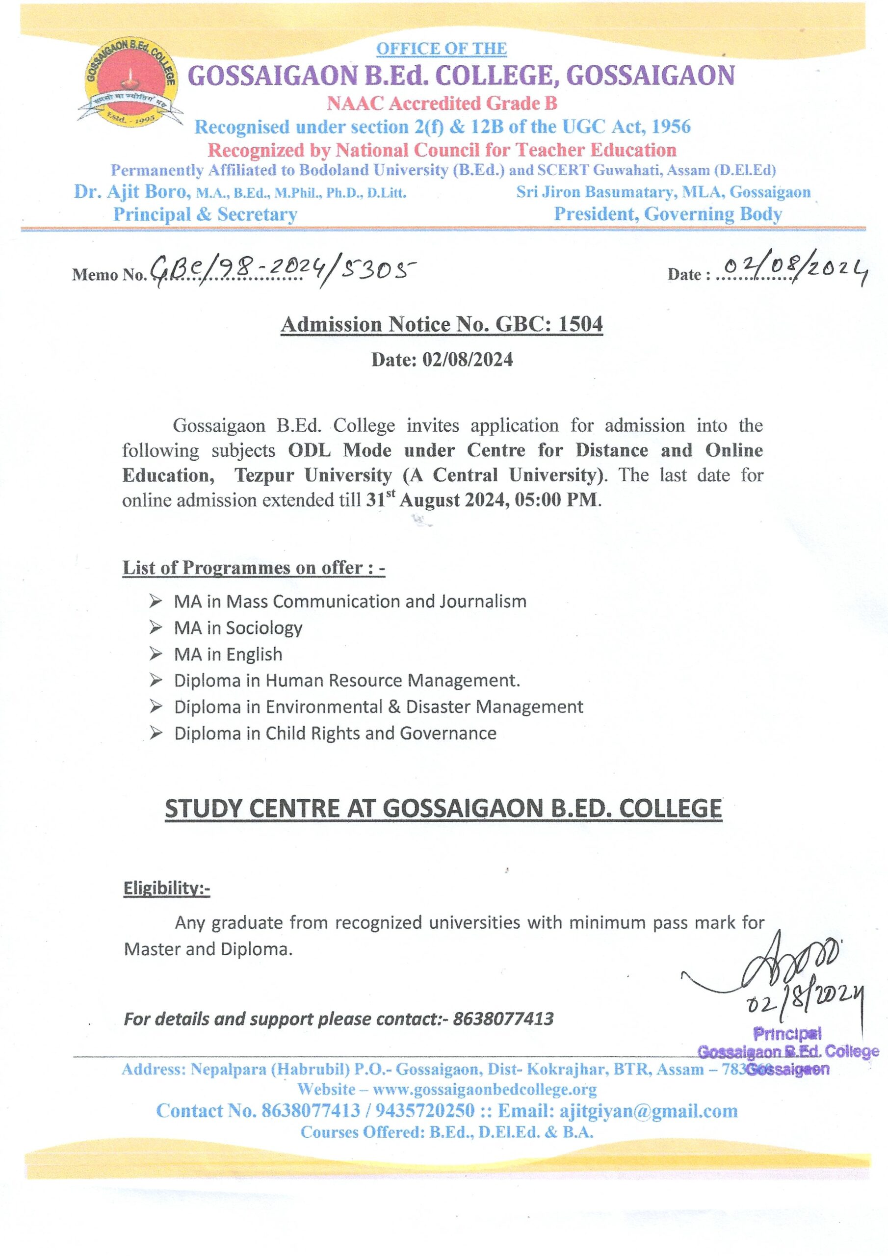 Admission Notice No. GBC: 1504 – GOSSAIGAON B.ED. COLLEGE