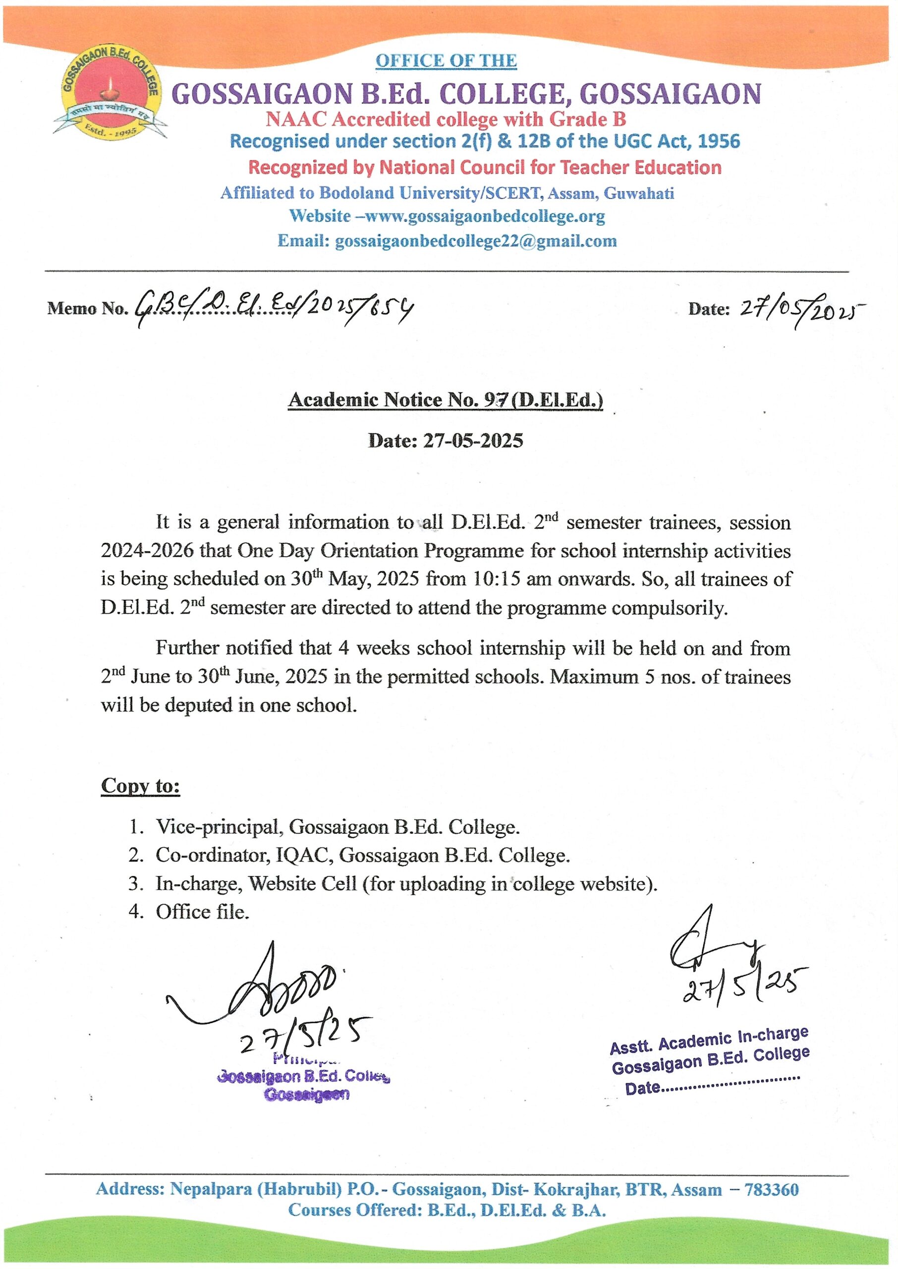 Academic Notice No. 97 (D.El.Ed.) – GOSSAIGAON B.ED. COLLEGE